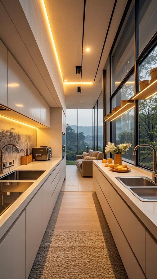 Modern Kitchen with Horizontal Layout, Simple Design, Smart Devices and ...