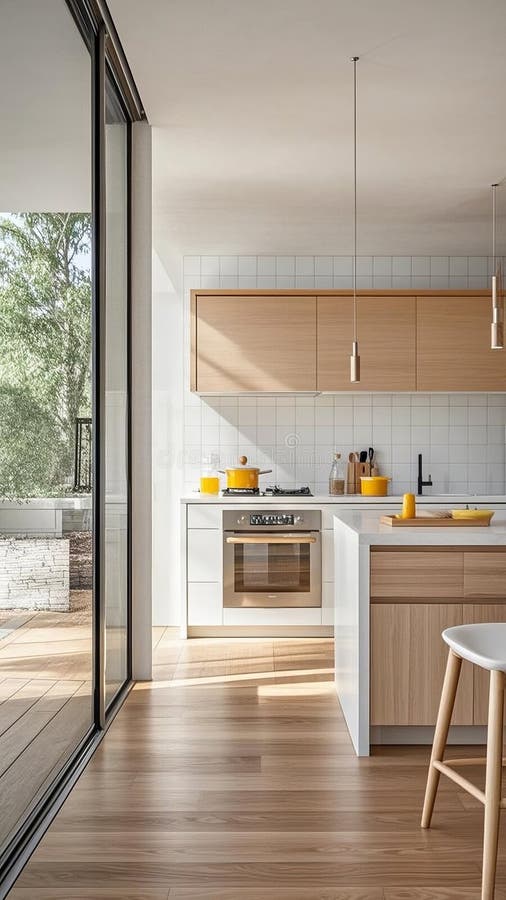 Modern Kitchen with Horizontal Layout, Simple Design, Smart Devices and ...