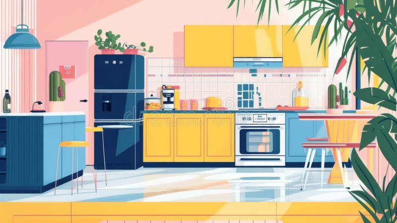 Modern Kitchen Illustration with Vibrant Colors and Clean Design Stock ...