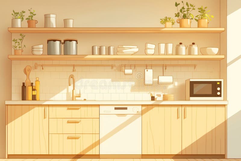 Modern Kitchen Illustration with Wooden Cabinets and Sunlight Stock ...