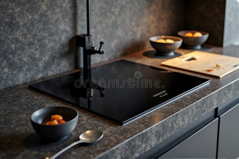 Modern Kitchen with Induction Cooktop and Black Countertop Design Stock ...