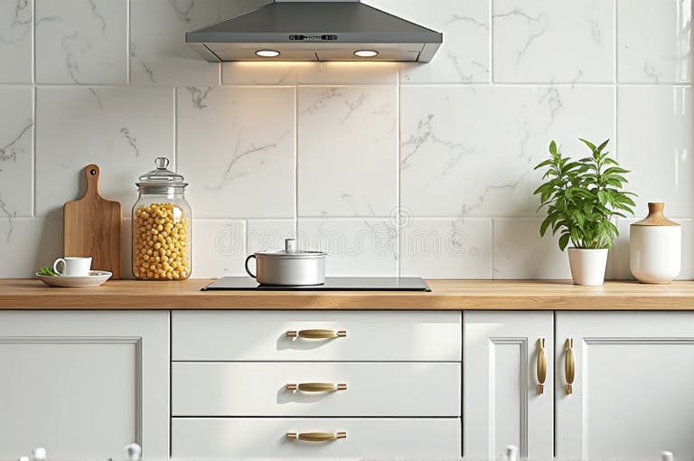 Modern Kitchen with Induction Stove and Marble Backsplash Stock ...