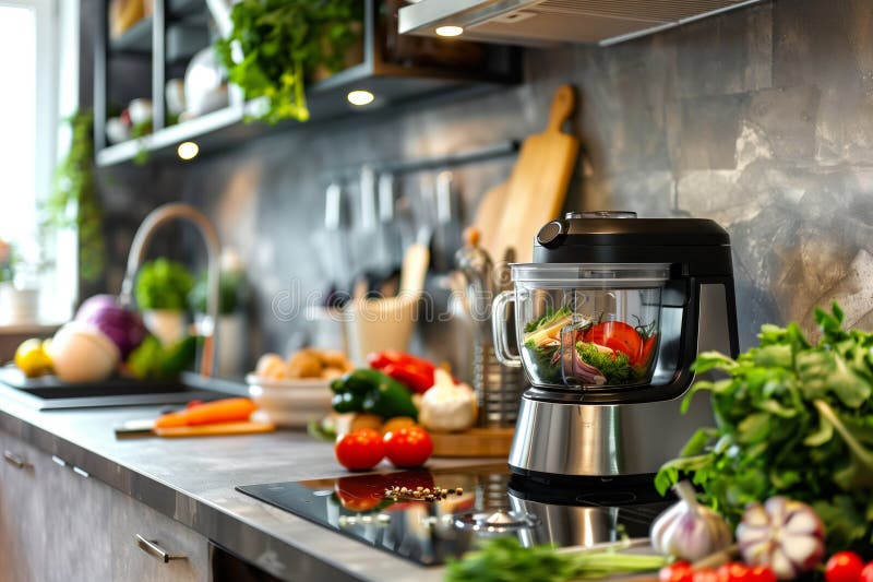 Modern Kitchen with Integrated Food Processor and Fresh Ingredients for ...