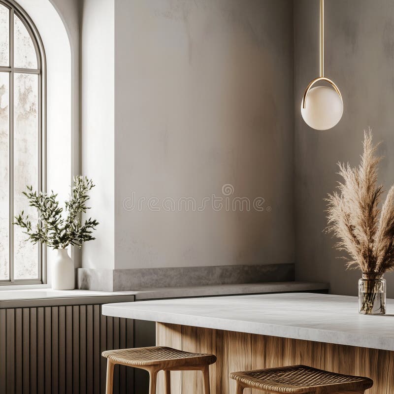Modern Kitchen Interior with Arched Window and Wooden Bar Counter Stock ...