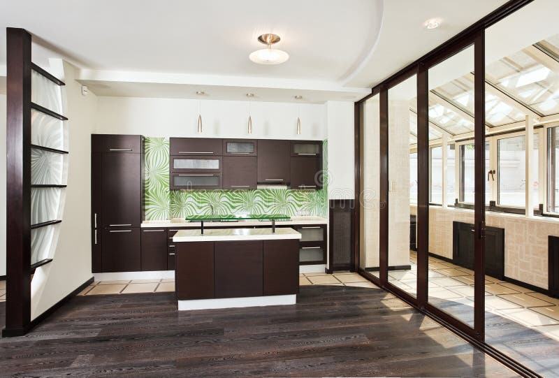 Modern Kitchen Interior with Balcony Stock Image - Image of dresser ...