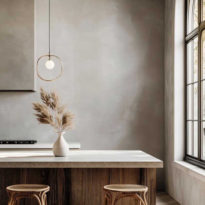 Modern Kitchen Interior with Big Window and Wooden Bar Counter Stock ...