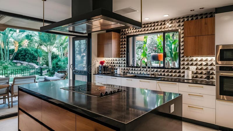 Modern Kitchen Interior with Black Countertops, Geometric Backsplash ...