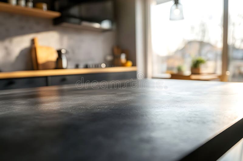 Modern Kitchen Interior Black Stone Countertop Textured Grey Concrete ...