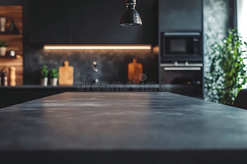 Modern Kitchen Interior with Black Stone Countertop and Textured Grey ...