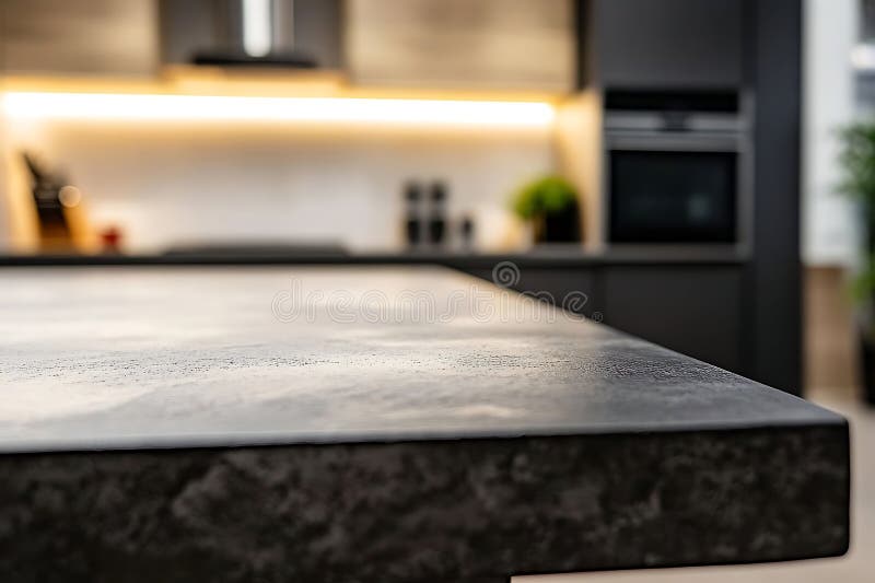 Modern Kitchen Interior with Black Stone Countertop and Textured Grey ...