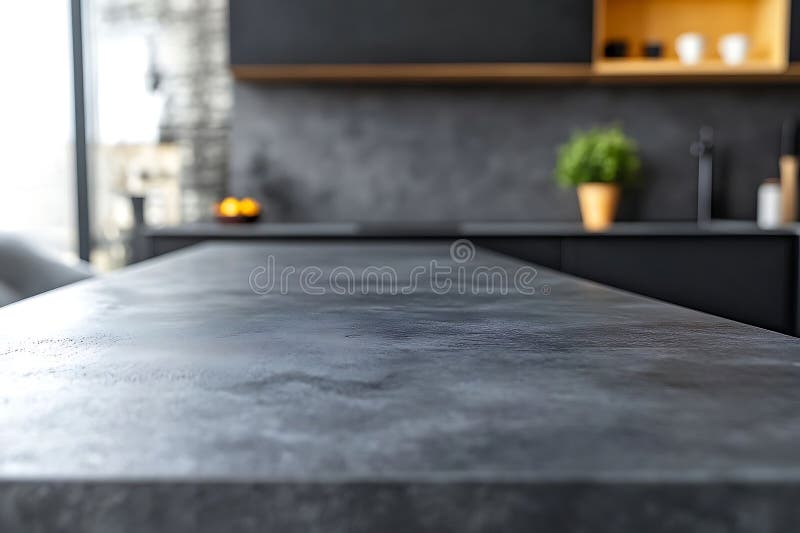 Modern Kitchen Interior with Black Stone Countertop and Textured Grey ...