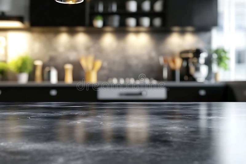 Modern Kitchen Interior with Black Stone Countertop and Textured Grey ...