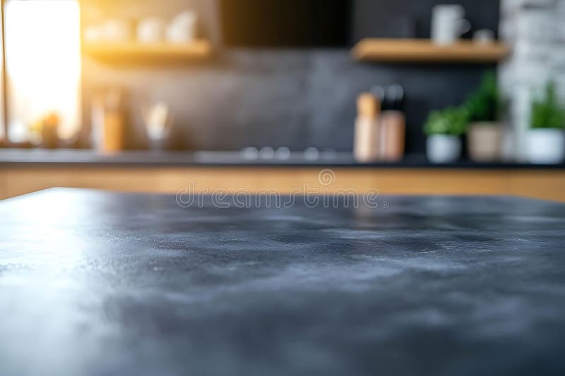 Modern Kitchen Interior with Black Stone Countertop and Textured Grey ...