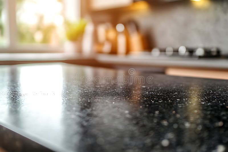 Modern Kitchen Interior with Black Stone Countertop and Textured Grey ...