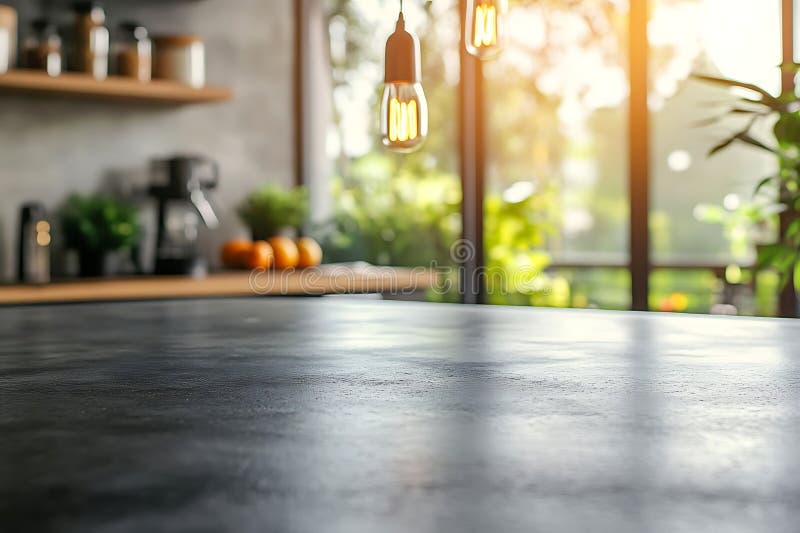 Modern Kitchen Interior with Black Stone Countertop and Textured Grey ...
