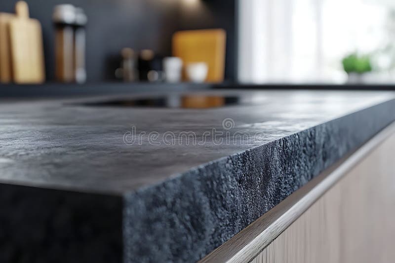 Modern Kitchen Interior with Black Stone Countertop and Textured Grey ...