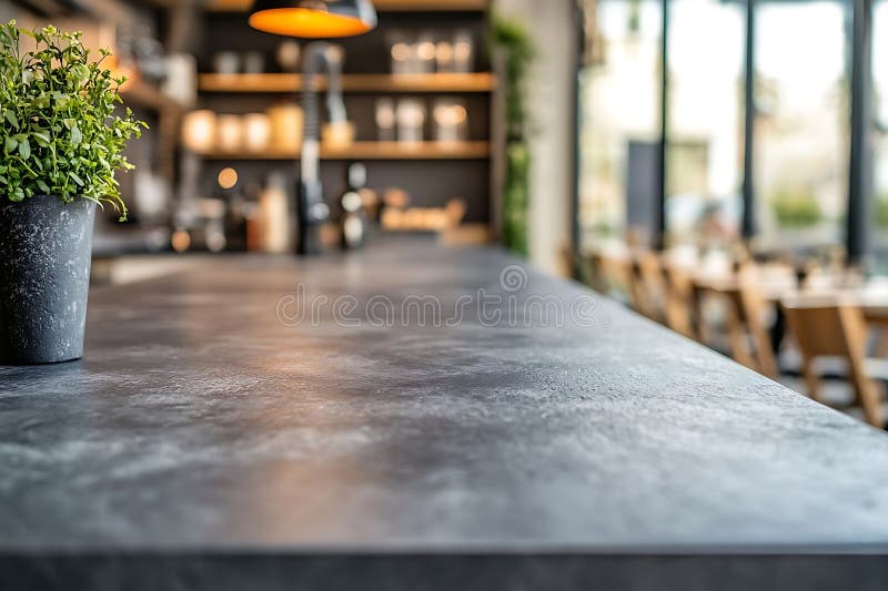 Modern Kitchen Interior with Black Stone Countertop and Textured Grey ...