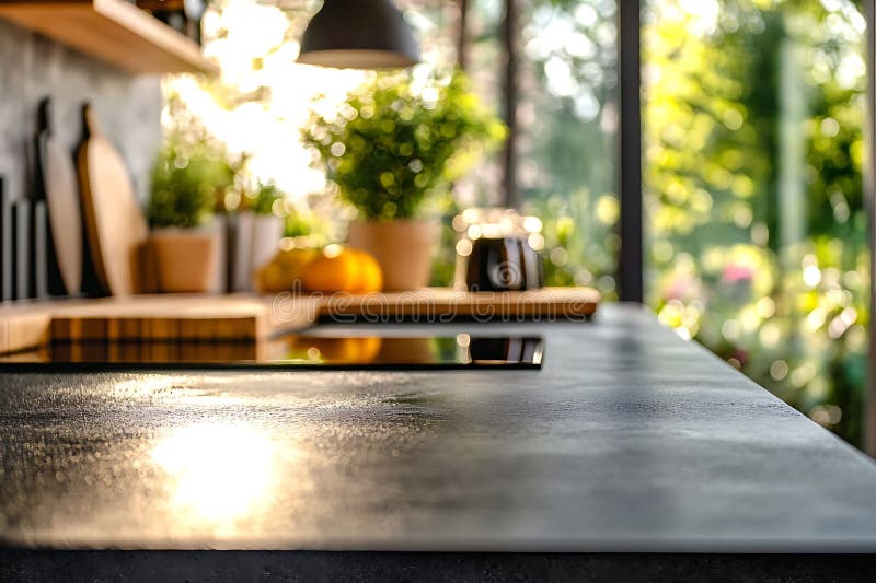 Modern Kitchen Interior with Black Stone Countertop and Textured Grey ...