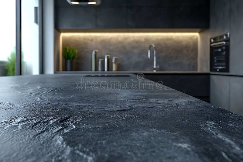 Modern Kitchen Interior with Black Stone Countertop and Textured Grey ...