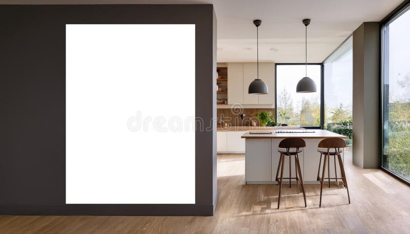 Modern Kitchen Interior with Blank Canvas and Large Windows. 3D ...