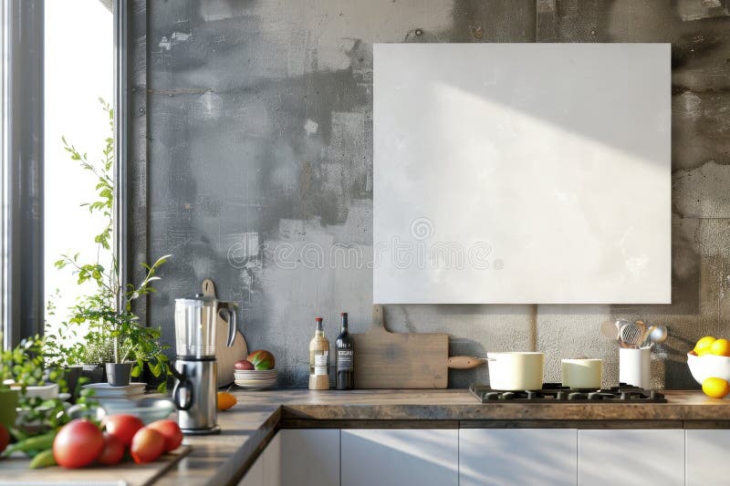 Modern Kitchen Interior with Blank Canvas on Wall for Mockup Stock ...