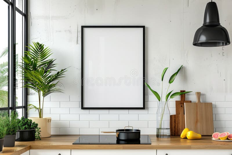 Modern Kitchen Interior with Blank Frame Mockup on Wall Stock Photo ...