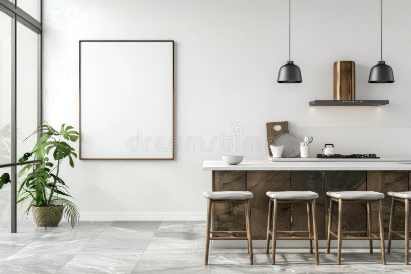Modern Kitchen Interior with Blank Frame Mockup on Wall Stock Image ...