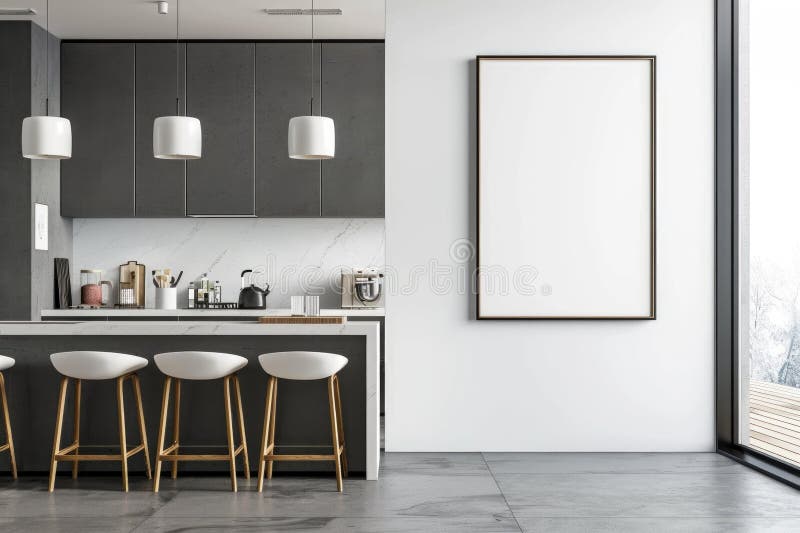 Modern Kitchen Interior with Blank Frame on Wall for Design Mockup ...