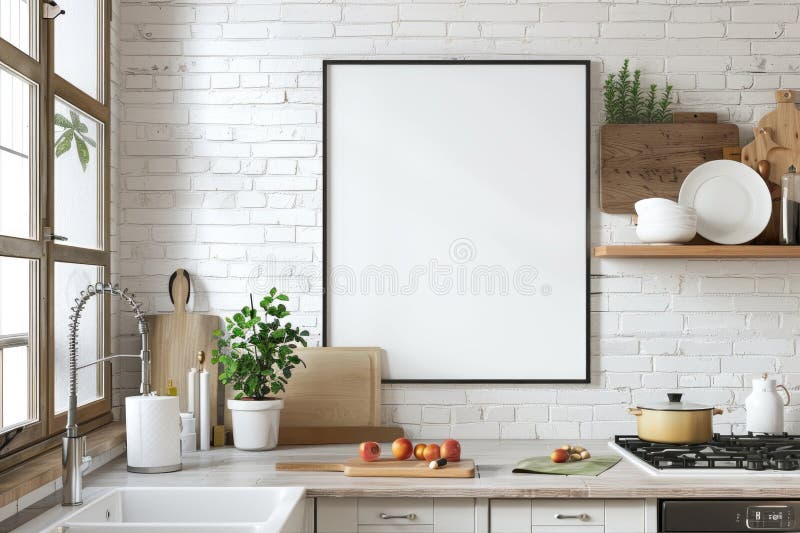Modern Kitchen Interior with Blank Frame on Wall for Design Mockup ...
