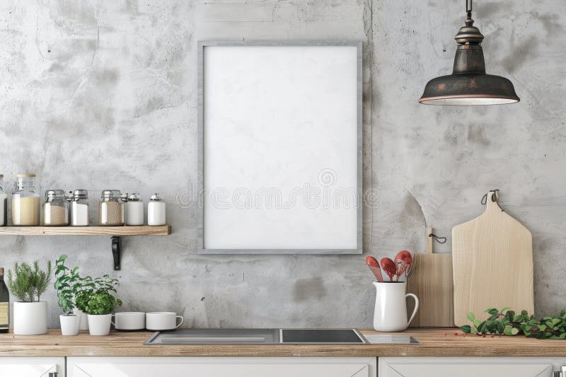 Modern Kitchen Interior with Blank Frame on Wall for Design Mockup ...