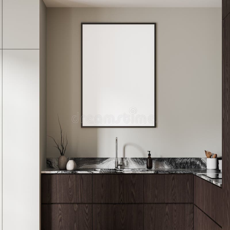 Kitchen Interior with a Blank Poster Template on the Wall Above the ...