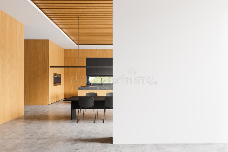 Modern Kitchen Interior with Blank White Wall for Mockup. 3D Rendering ...