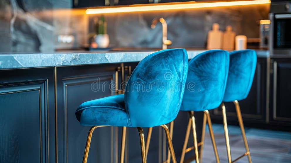 Modern Kitchen Interior with Blue Bar Stools and Marble Counter. Stock ...