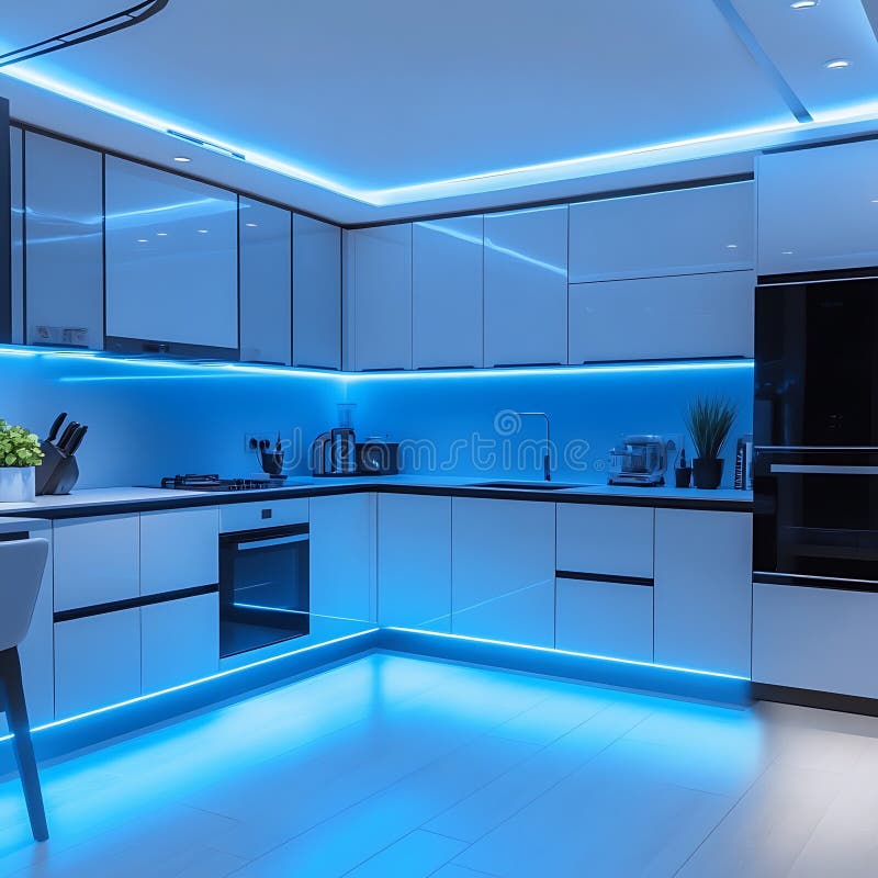 Modern Kitchen Interior with Blue LED Lighting Stock Illustration ...