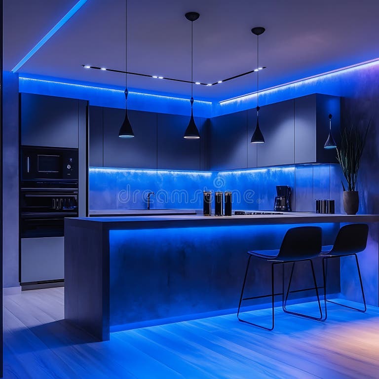 Modern Kitchen Interior with Blue LED Lighting and Minimalist Design ...
