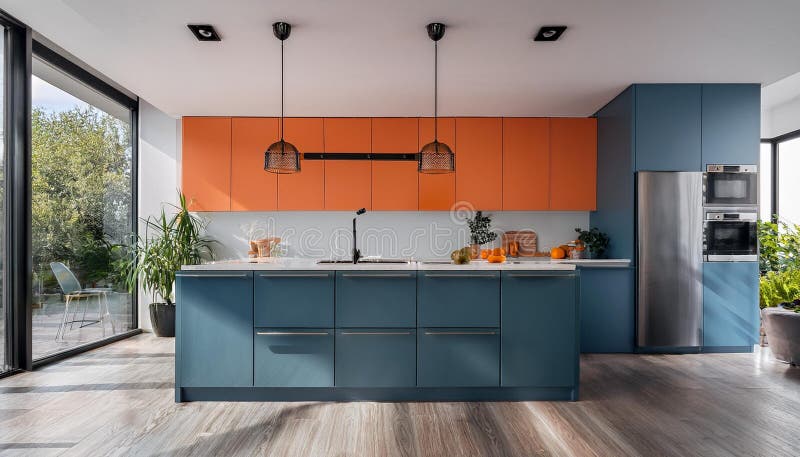 Modern Kitchen Interior with Blue and Orange Cabinets. 3D Rendering ...