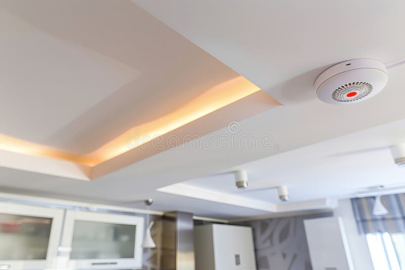 Modern Kitchen Interior with Ceiling Lighting and Smoke Detector for ...