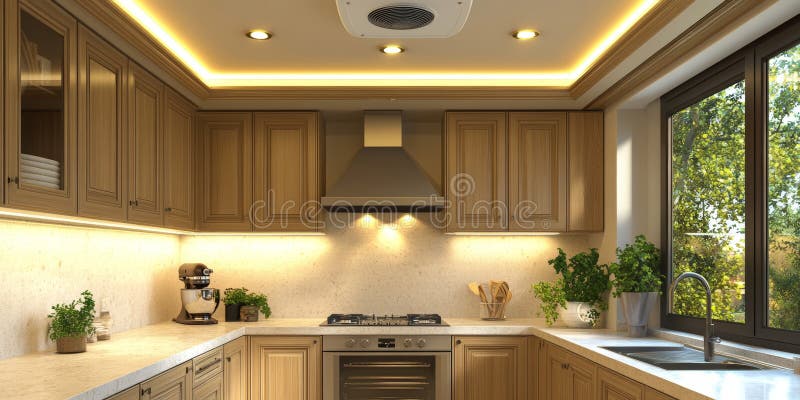 Modern Kitchen Interior with Ceiling Mounted AC Unit, Lighted Cabinets ...