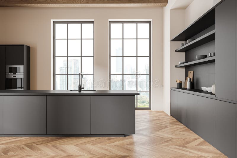 Modern Kitchen Interior with a Cityscape View, Herringbone Pattern ...