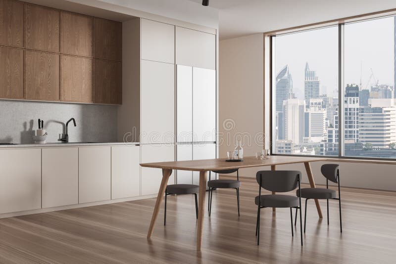 Kitchen Interior with Clean Design, Wooden Elements, and Urban View ...