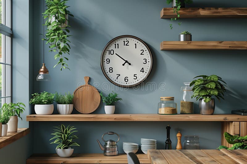Modern Kitchen Interior with Clock, Plants, and Wooden Shelves Stock ...