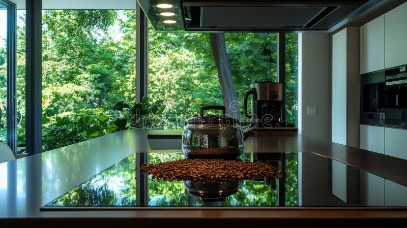 Modern Kitchen Interior with Coffee Beans and Kettle Stock Illustration ...