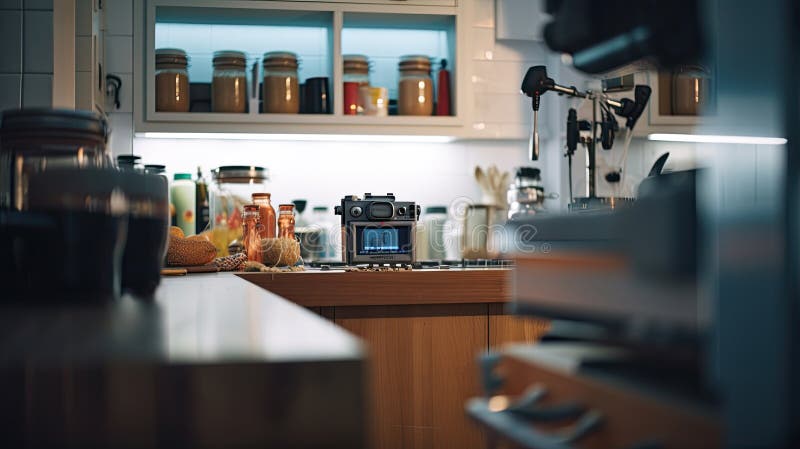 Modern Kitchen Interior. Coffee Machine and Cup of Coffee on Table ...