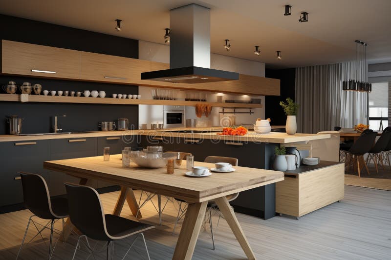 Modern Kitchen Interior Combined with Kitchen-dining Room Stock Illustration - Illustration of ...