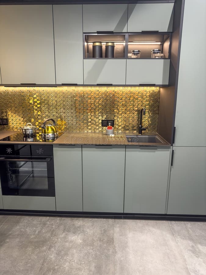Modern Kitchen Interior with Cooking Area with Kitchenware Stock Photo ...