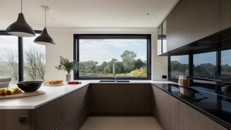 Modern Kitchen Interior Cooking Corner and Panoramic Glass Windows ...