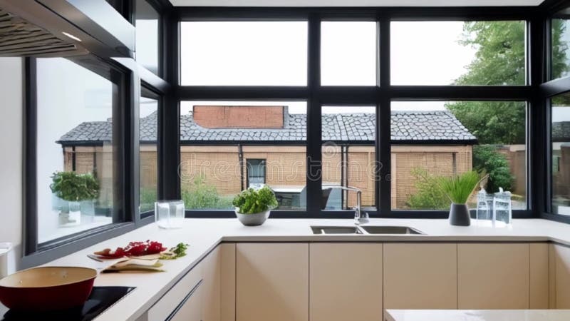 Modern Kitchen Interior Cooking Corner and Panoramic Glass Windows ...
