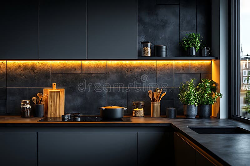 Modern Kitchen Interior with Dark Gray Cabinets and Warm Yellow ...