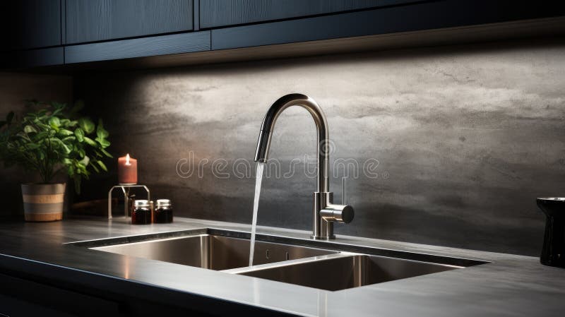 Modern Kitchen Interior in Dark Tones with Sink and Tap with Running ...