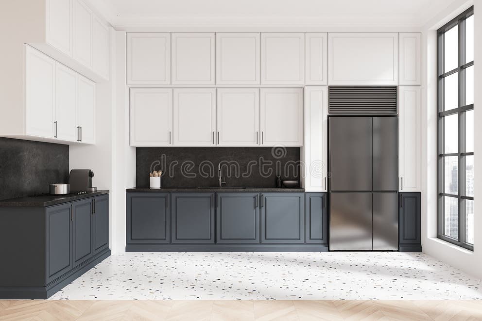 Modern Kitchen Interior with Dark and White Cabinets. 3D Rendering ...